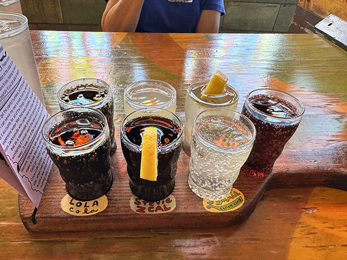 A flight of craft sodas that makes you wonder why you ever settled for ordinary cola. Each glass is like a tiny carnival for your mouth.
