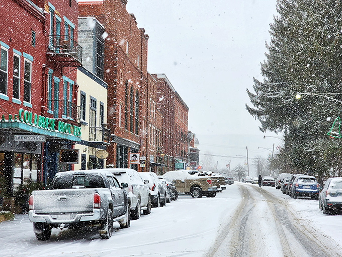 Thomas transforms into a winter wonderland when snow blankets Front Street, creating a scene straight from a small-town Christmas movie.