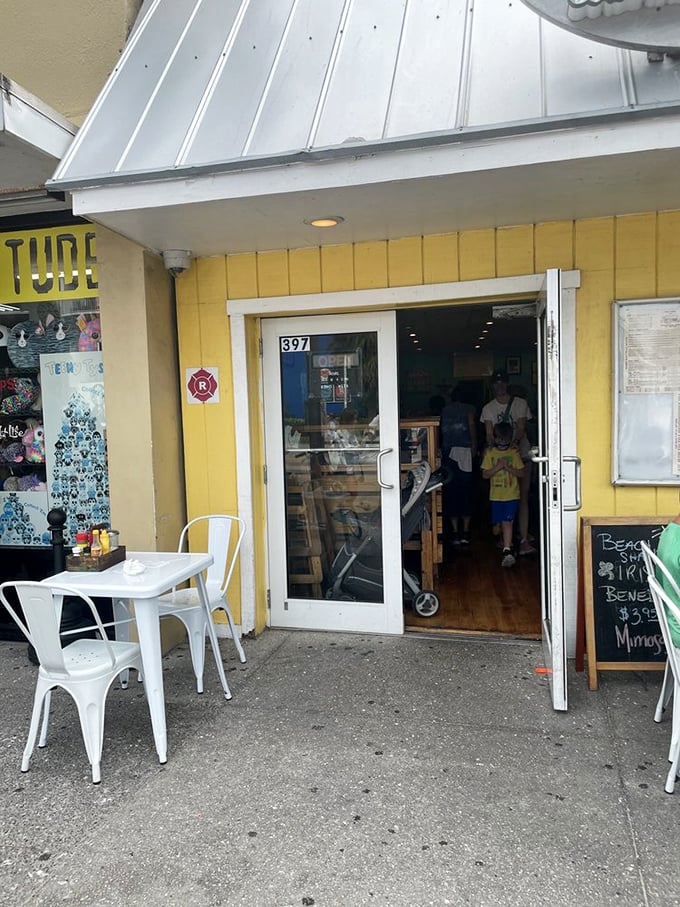 The entrance to breakfast paradise—where that chalkboard special might just change your life, or at least your morning.