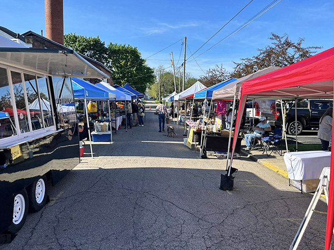 The farmers market stretches down a sunlit alley, where local growers and makers transform a simple parking lot into a community celebration.