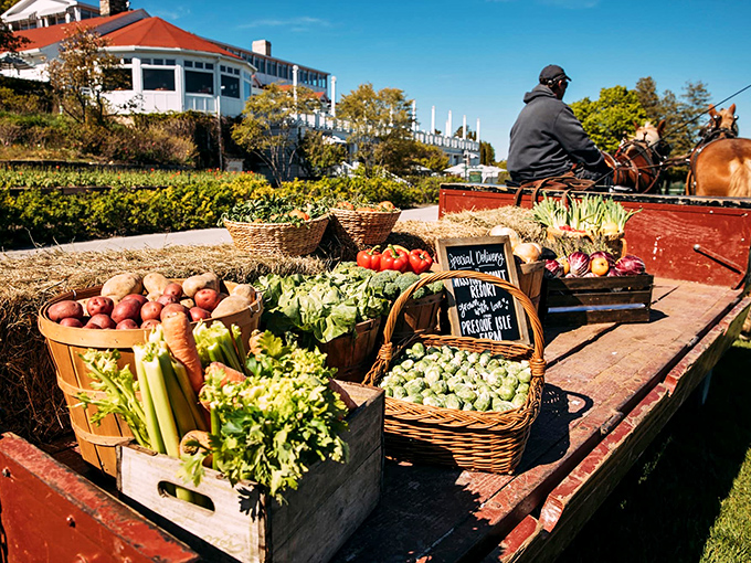 Farm-fresh produce arrives by horse-drawn delivery&mdash;proof that doing things the old way sometimes results in the best flavors.