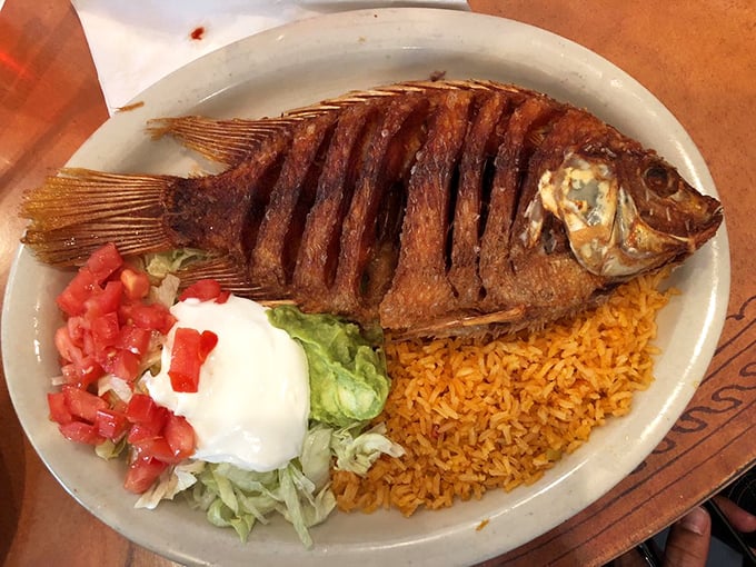 A whole fried fish that stares back at you with crispy conviction, daring you to discover that perfect bite where seasoning meets tender flesh.