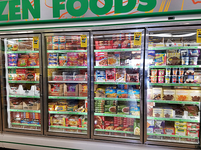 Frozen food fortress behind glass doors&mdash;a treasure trove of quick meals for tired hikers. When cooking from scratch feels like climbing another mountain.