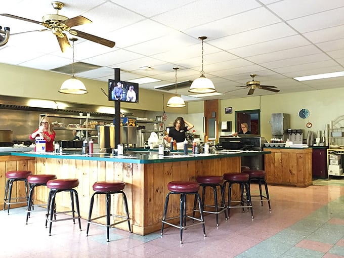 Where the magic happens&mdash;the counter view. Those stools have supported generations of regulars watching their breakfast come to life.