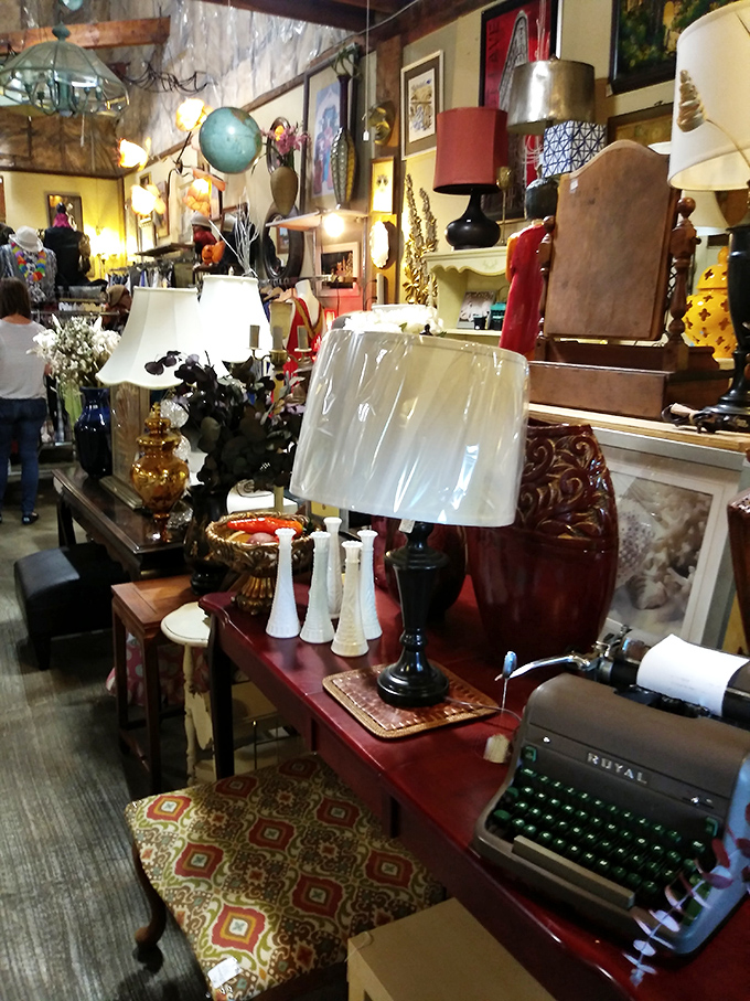 The lamp section glows with possibility&mdash;that vintage typewriter isn't just decoration; it's waiting for the next great American novel.