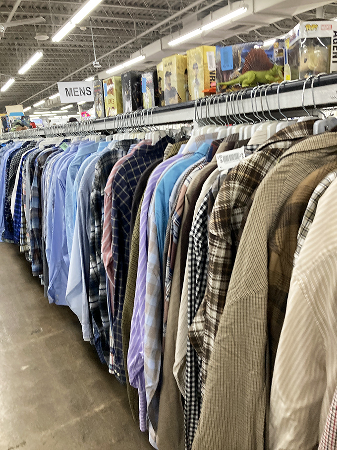 The men's department: where button-downs and flannels stand at attention, ready for job interviews or weekend adventures.