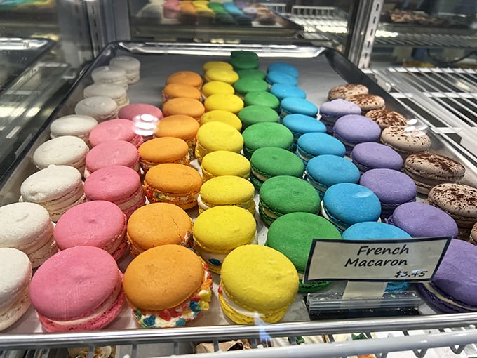 A rainbow of macarons arranged with the precision of a color theorist with a serious sweet tooth.