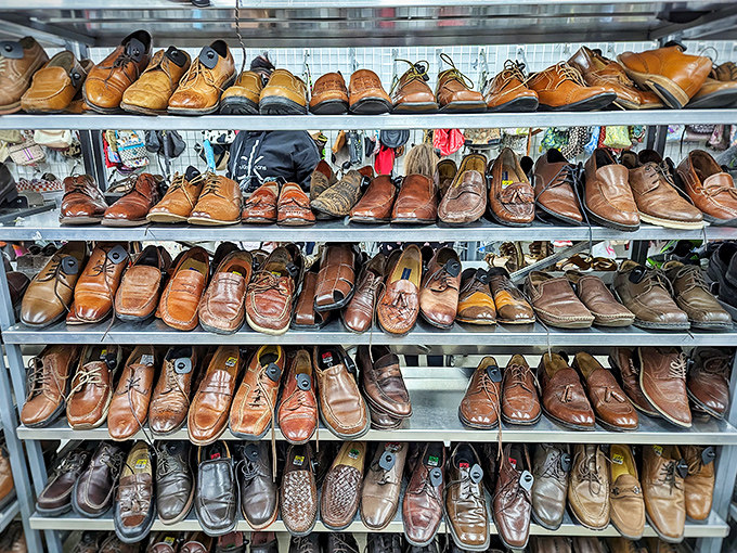 Men's shoes lined up like they're auditioning for a Broadway show. From business meetings to first dates, these pre-loved leather companions are ready for their second act.