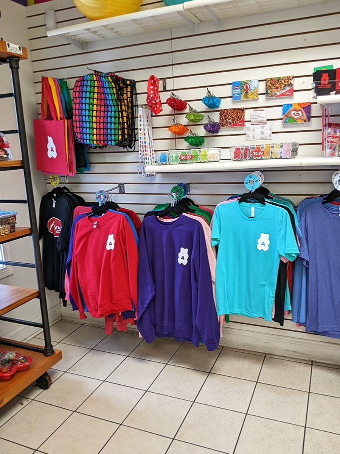 Even the merchandise section stays on theme. Wear your candy allegiance proudly with Albanese-branded apparel in suitably bright colors.