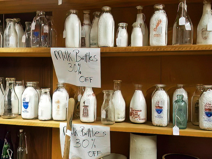 Milk bottles from dairies long vanished from the landscape, when delivery men knew your name and cream rose to the top. Glass monuments to morning rituals.