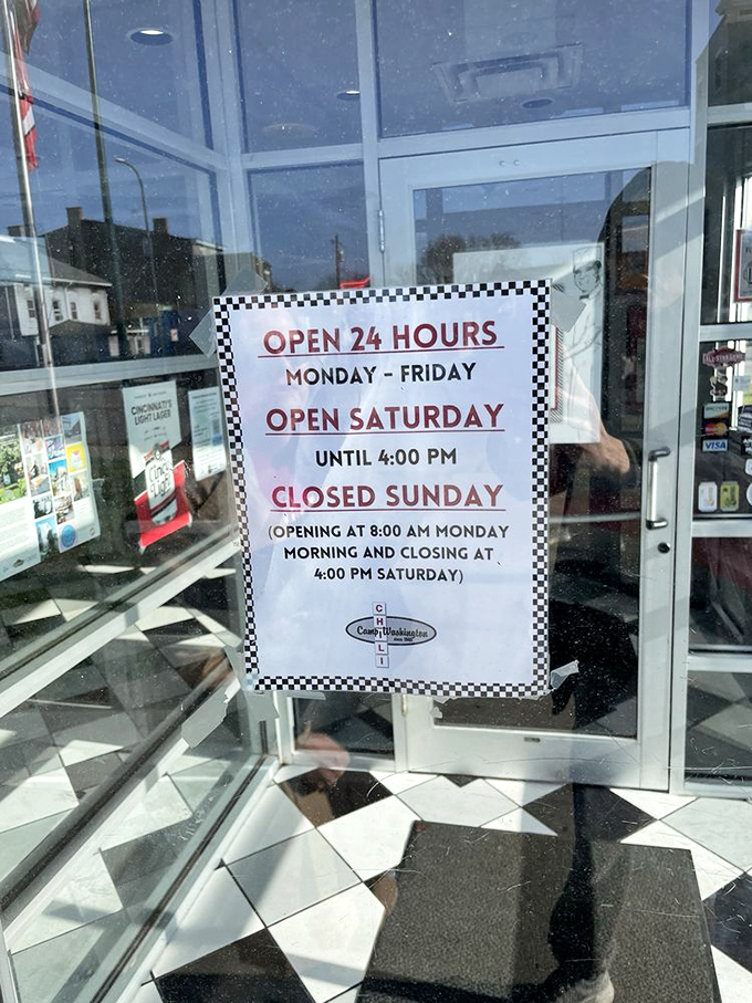 The hours sign tells the truth: when chili calls at 3am on a Tuesday, Camp Washington answers. Sunday is for resting, even for chili legends.