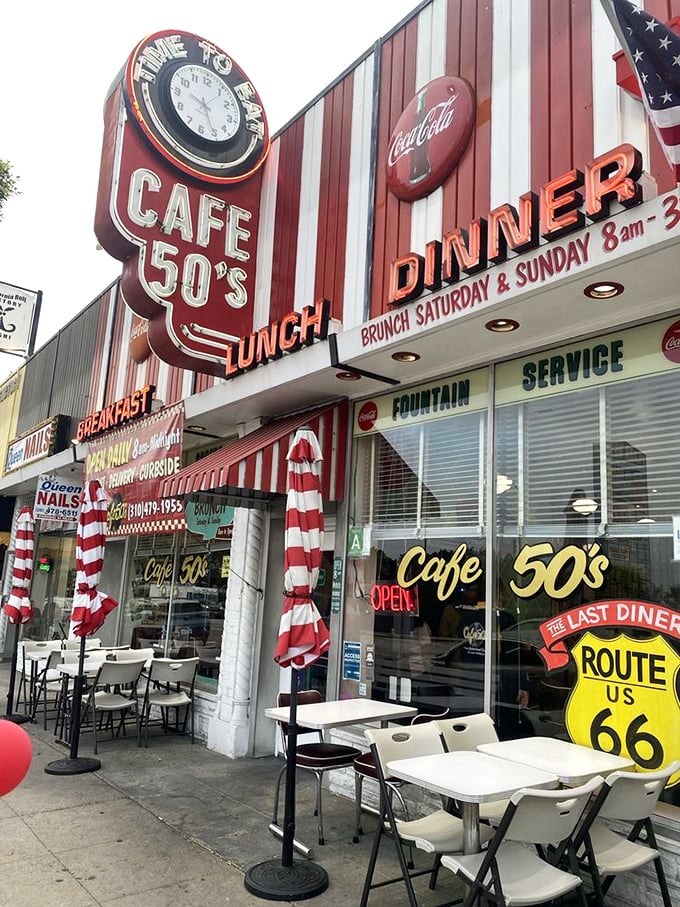 Even the outdoor seating keeps the time warp going. Route 66 signage reminds you&mdash;this journey's about more than just food.