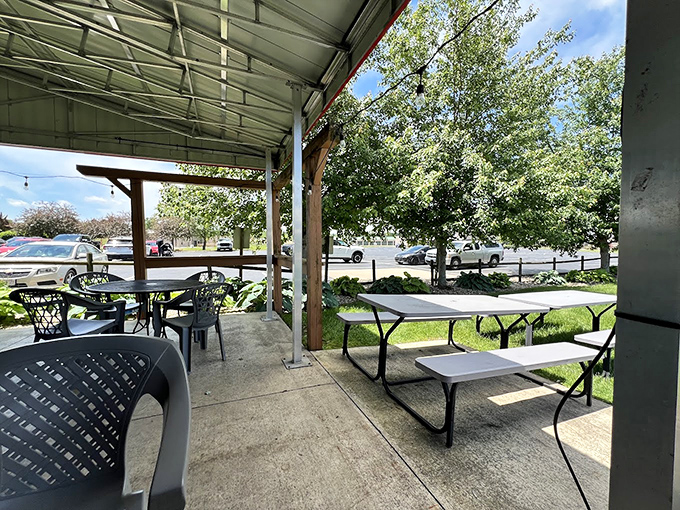 The covered patio offers al fresco dining without nature calling all the shots. Barbecue always tastes better with a side of fresh air.