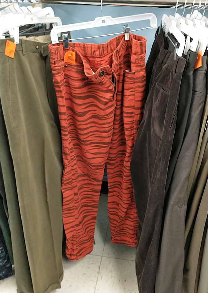 These tiger-striped pants aren't just clothing; they're a conversation starter with legs. Fashion courage comes at thrift store prices!