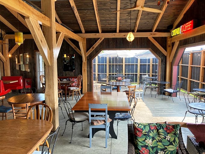 Indoor-outdoor flow that makes the most of Indiana's pleasant days. Where British comfort food meets Midwestern hospitality under open skies.
