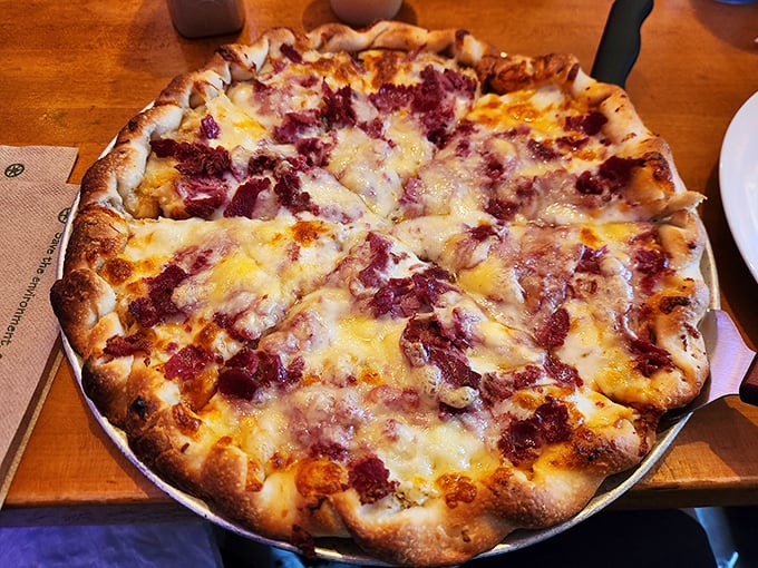 This pizza's crust has the perfect balance of chew and crunch. The corned beef topping proves that innovation in the pizza world is alive and well.