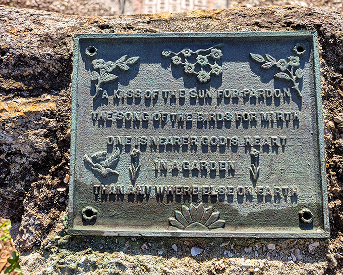 Poetic wisdom cast in metal, proving that even in the 1930s, people knew gardens were where you feel closest to heaven.