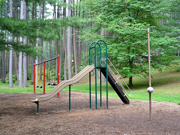 Playground equipment standing ready for tiny adventurers. The original virtual reality system: actual reality, with extra vitamin D.