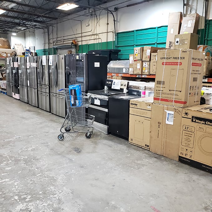 Refrigerator forest! These stainless steel beauties stand tall and proud, ready to keep your leftovers cold and your budget intact.