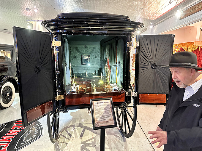 Peek inside this Riddle hearse and you'll see the elaborate interior designed to display the casket during processions&mdash;the Victorian equivalent of today's livestreamed services.