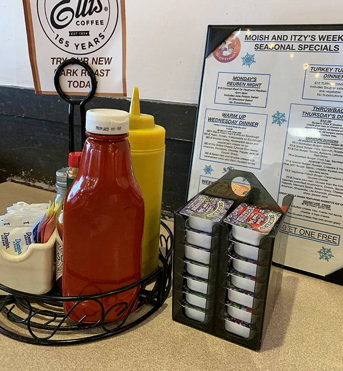 The condiment caddy – where ketchup, mustard, and other flavor enhancers stand ready for duty.