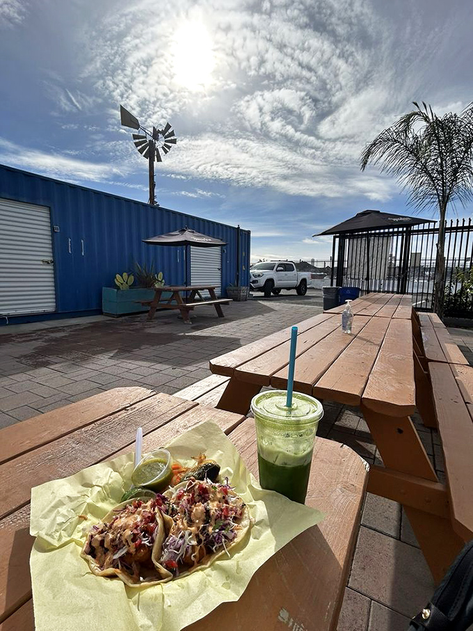 Oceanside dining without ocean prices. These picnic tables offer the perfect California backdrop for enjoying your affordable feast.