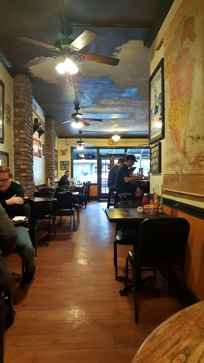 The dining room's painted sky ceiling creates the illusion you're eating breakfast in heaven. The food confirms you actually might be.