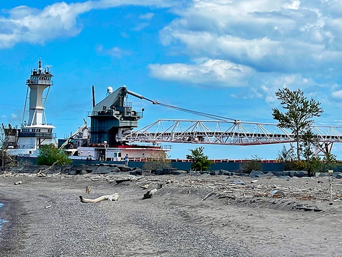 Maritime industry meets maritime history as a freighter passes the lighthouse&mdash;two different centuries of navigation sharing the same waters.