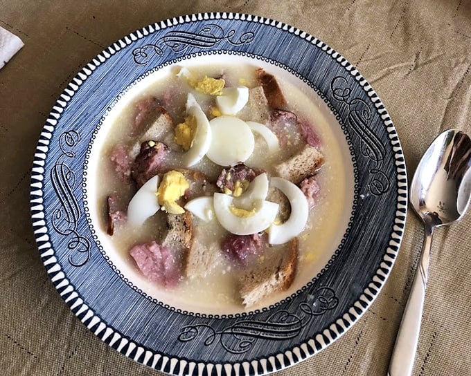 White borscht with kielbasa and eggs &ndash; a soup so hearty it's practically a family reunion in a bowl.