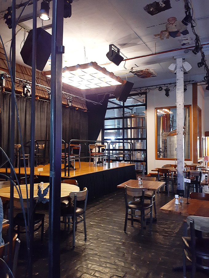 A stage area hints at live music nights, when sandwiches and songs create the perfect pairing for memorable evenings in Corvallis.