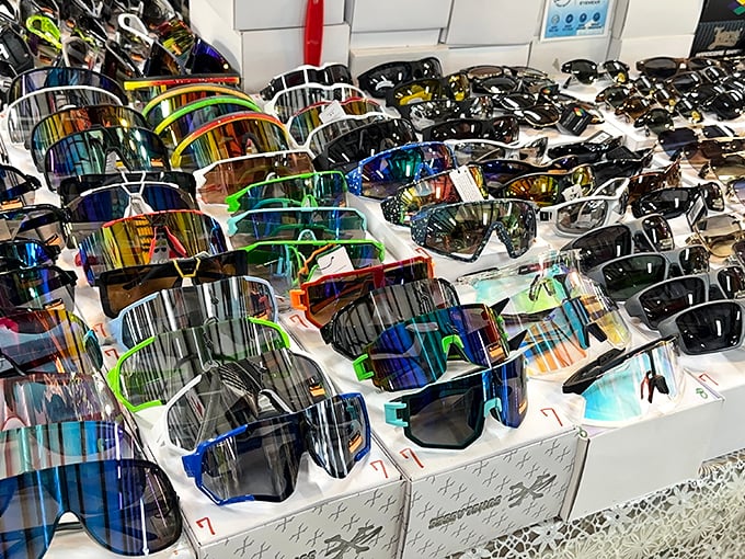 A dazzling array of sunglasses offers protection from both summer rays and winter glare—proving style knows no season at this year-round marketplace.