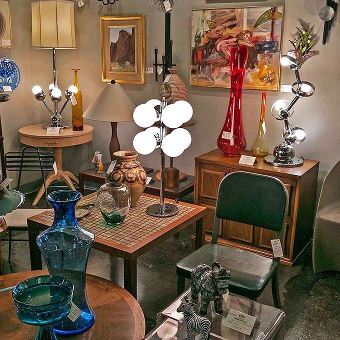 A mid-century lamp gathering that's basically Studio 54 for vintage lighting enthusiasts.