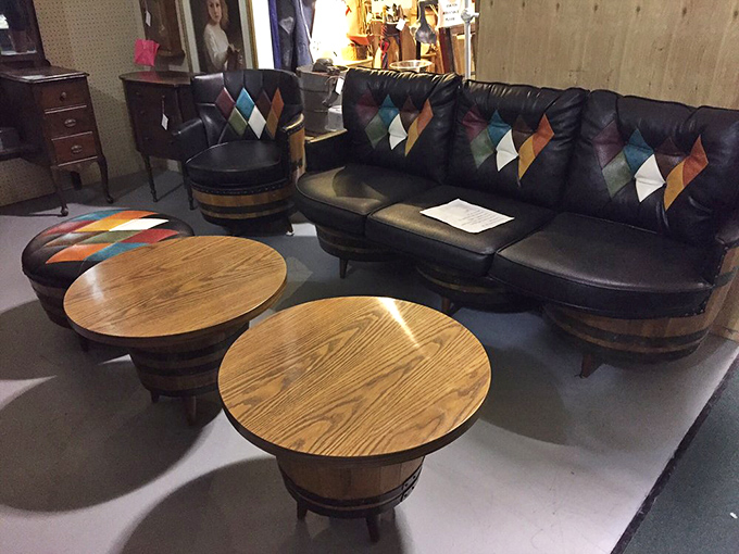 Mid-century barrel tables and a leather sectional that would make Don Draper feel right at home. Mad Men style without the Hollywood price tag.