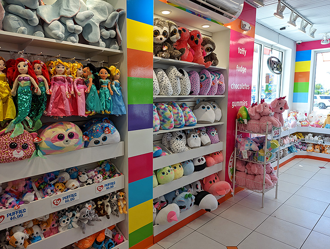 A rainbow wall of toys and plushies &ndash; the strategic diversification for when you need more than just sugar.