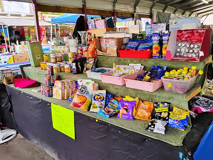 Snack attack central! This colorful display of treats ensures no shopper goes hungry while hunting for deals&mdash;fuel for the bargaining ahead.