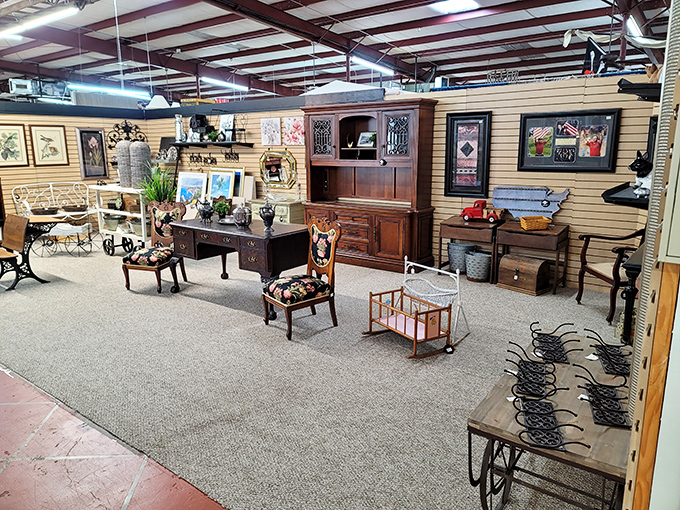 A perfectly staged vignette that whispers, "Yes, your home could look this interesting if you'd just take me home." That antique baby crib has stories to tell!