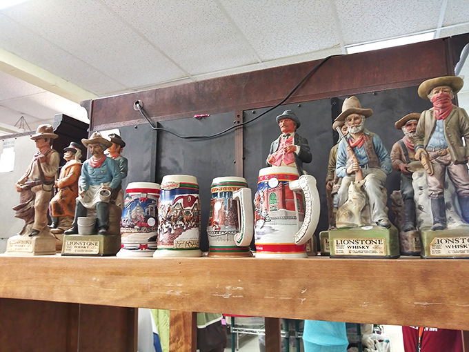 These vintage Lionstone whiskey decanters stand like a tiny cowboy convention, ready to add character to your home bar or start a collection.
