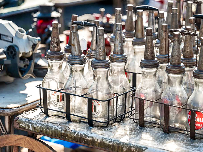 These vintage oil bottles tell tales of road trips past—functional history that's now decorative nostalgia for garage enthusiasts everywhere.