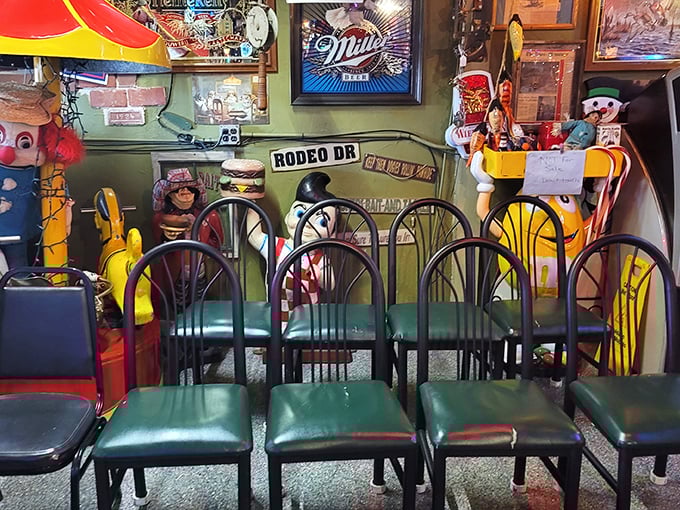Even the waiting area refuses to be boring, with enough memorabilia to keep you entertained through any wait. Spot the street signs among the treasures.