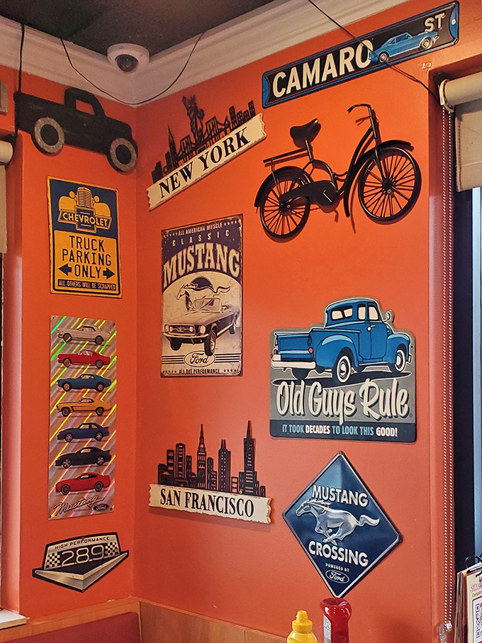 The walls tell stories of American automotive history, giving you something to ponder between bites of pancake perfection.