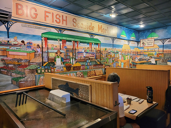 The whimsical market mural transports you seaside, making you hungry for both seafood and a nostalgic coastal vacation.