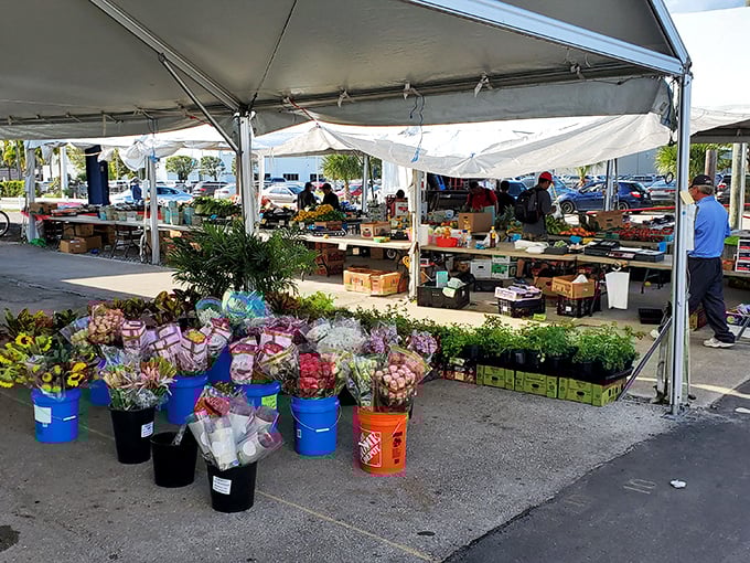Buckets of fresh flowers and market produce add bright color to this lively open air shopping stop.