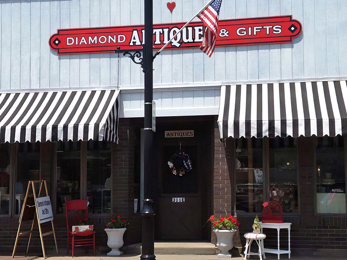 The charming storefront of Diamond Antiques promises a more refined treasure hunting experience than typical flea markets.