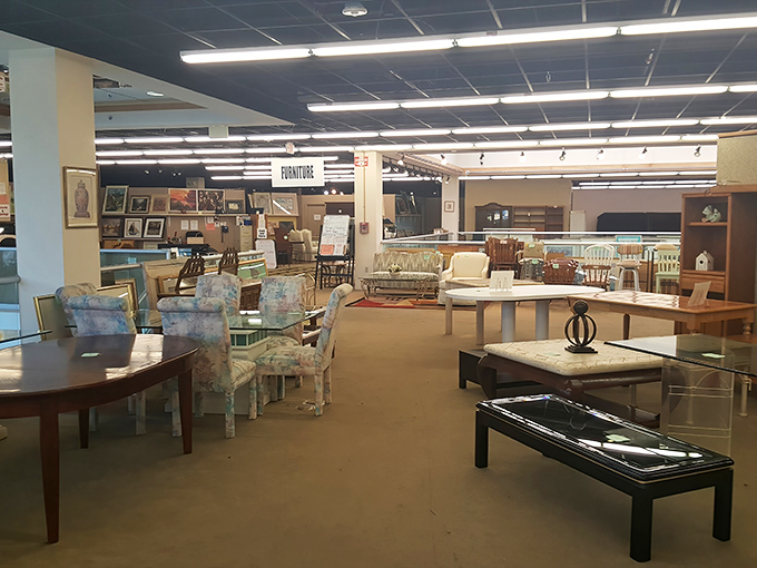 Furniture displays that could easily be mistaken for an upscale showroom, if not for the yellow price tags promising merciful numbers.