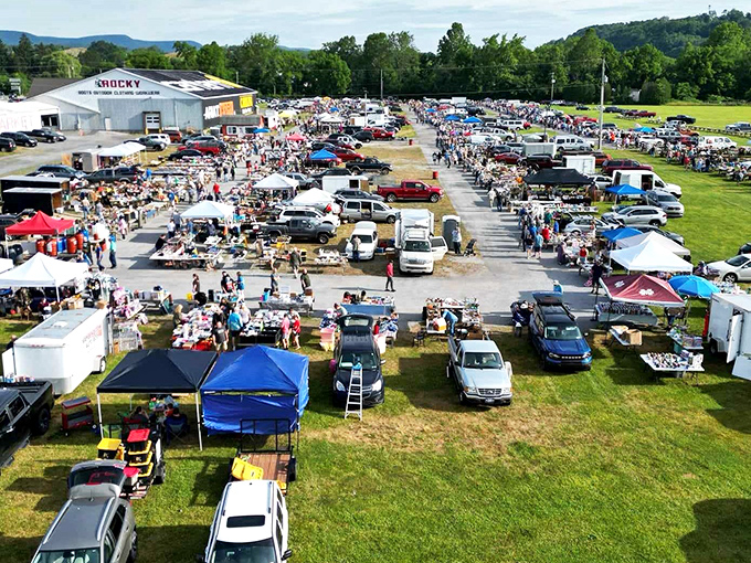 From above, the organized chaos reveals itself. Hundreds of vendors, thousands of shoppers, and millions of possibilities spread across the landscape.