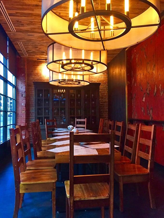 Rustic elegance that says, "Yes, we're serious about food, but we don't take ourselves too seriously." Those chandeliers have seen some serious food joy.