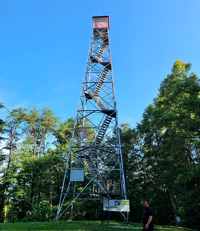 Reaching skyward like a metal ladder to the clouds, this fire tower offers views that make your social media followers actually jealous.