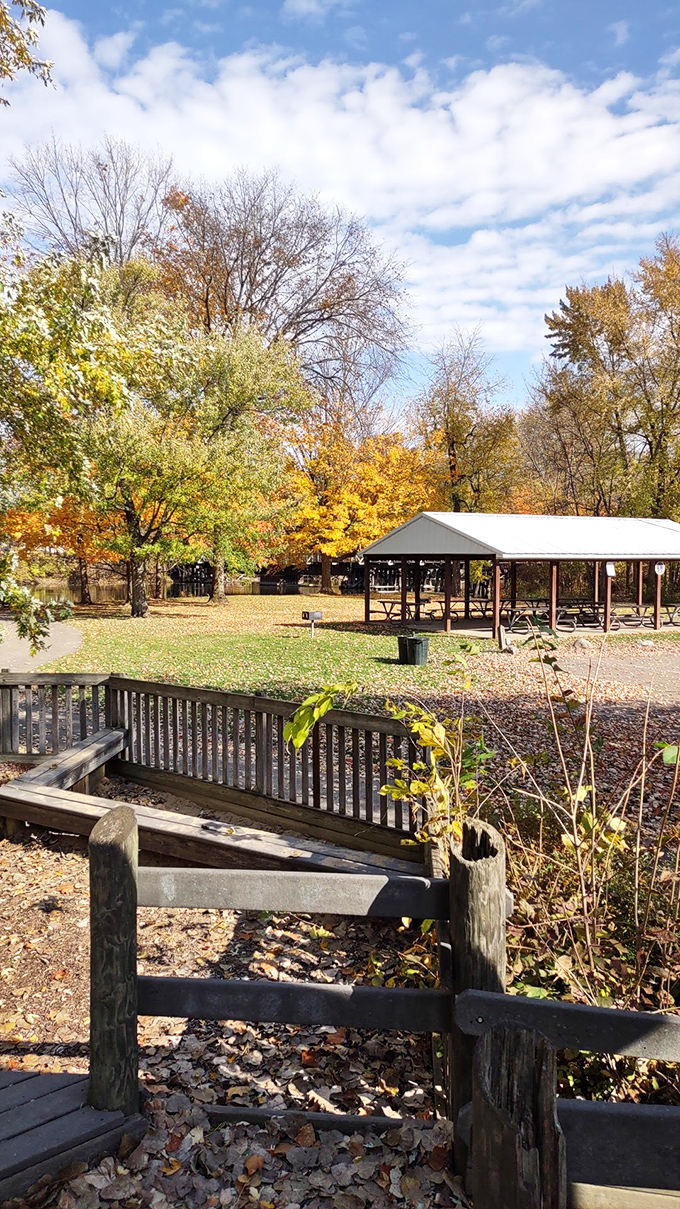 Fall foliage creates nature's perfect backdrop for a picnic pavilion &ndash; where autumn's palette turns an ordinary park day into a seasonal celebration.