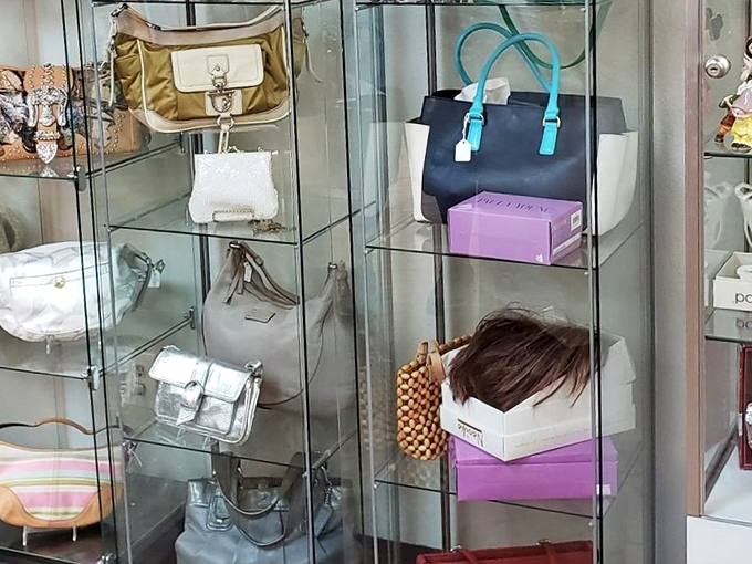 Designer handbags behind glass&mdash;like a museum exhibit, except you can actually take these treasures home without setting off alarms.
