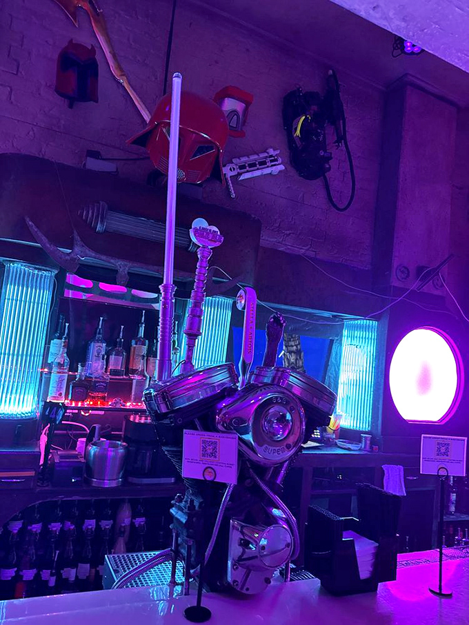 The bar equipment itself becomes art here, with sci-fi elements incorporated into everyday objects. Even the tap system looks ready for lightspeed.